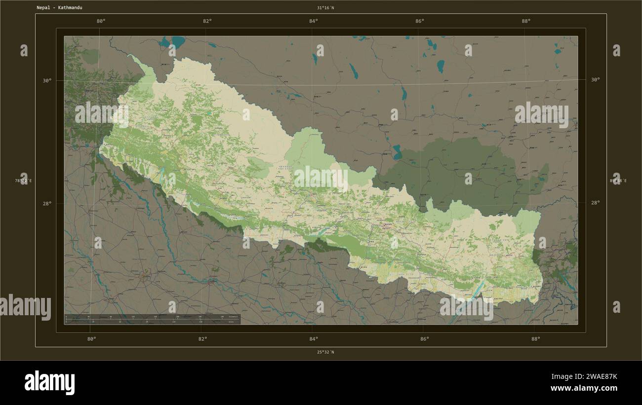 Il Nepal è evidenziato su una mappa topografica in stile umanitario OSM ...
