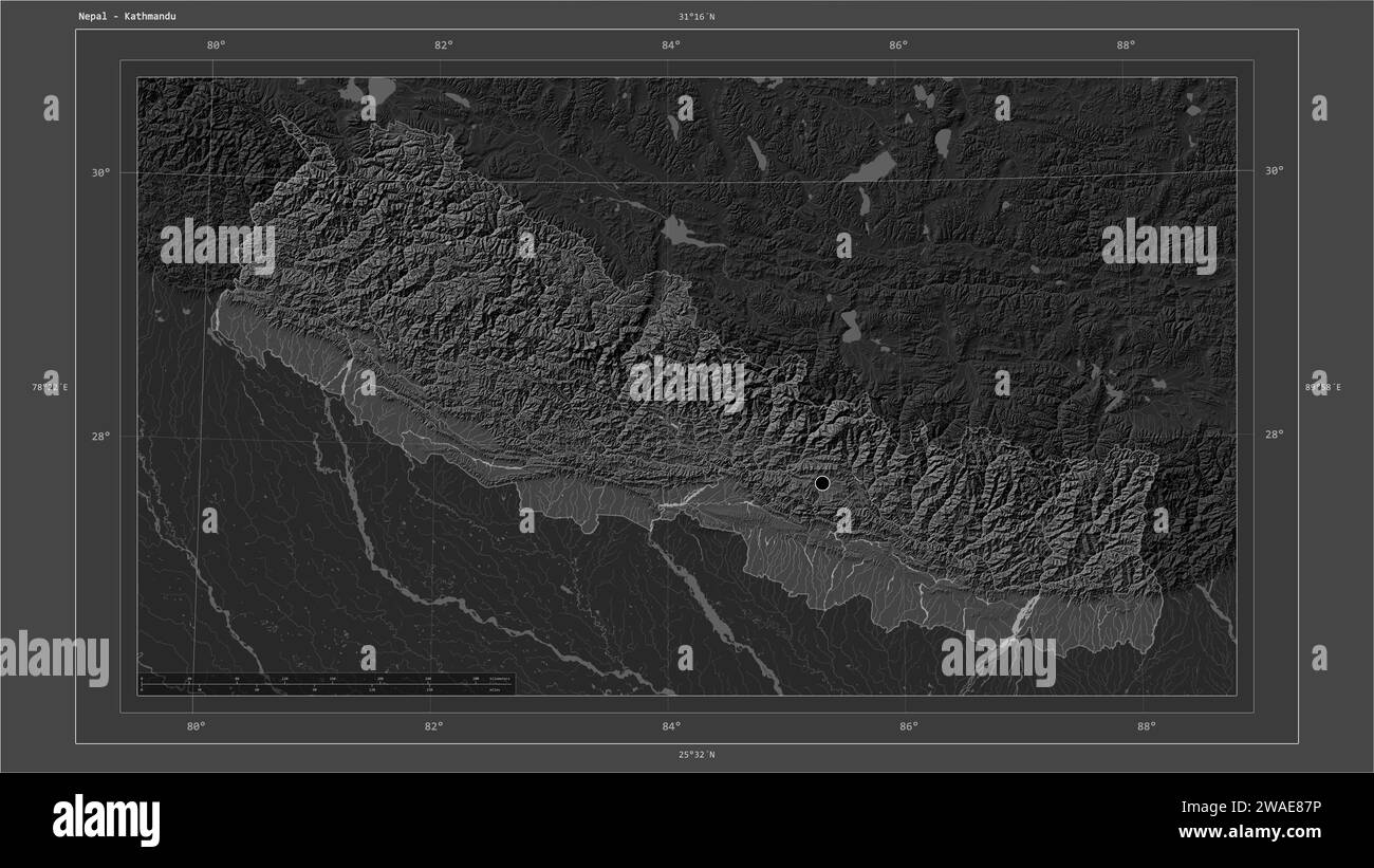Il Nepal è evidenziato su una mappa di elevazione a Bilevel con mappa ...