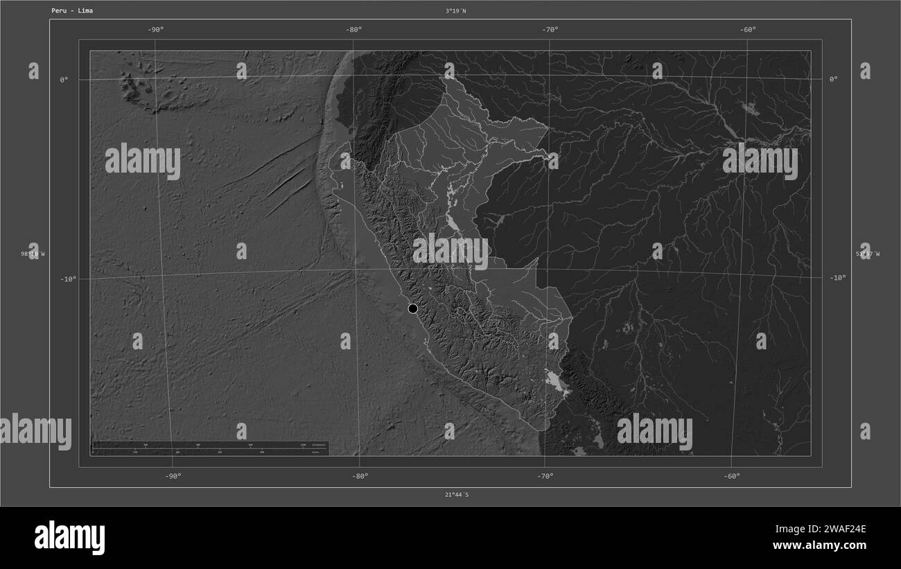 Il Perù è evidenziato su una mappa di elevazione a Bilevel con mappa di ...