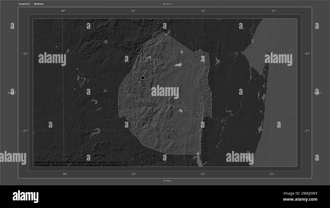 Eswatini è stata evidenziata su una mappa di elevazione Bilevel con ...