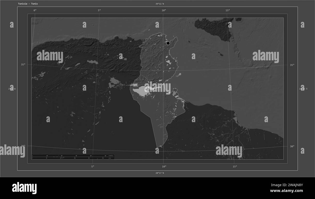 La Tunisia è evidenziata su una mappa di elevazione a Bilevel con mappa ...