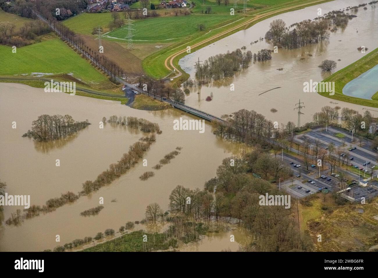 Luftbild vom Hochwasser der Lippe, Weihnachtshochwasser 2023, Fluss ...