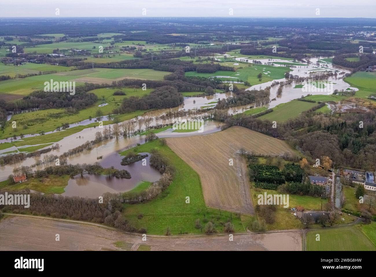 Luftbild vom Hochwasser der Lippe, Weihnachtshochwasser 2023, Fluss ...