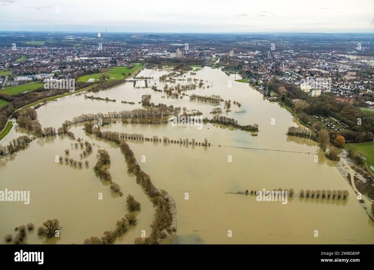 Luftbild vom Hochwasser der Lippe, Weihnachtshochwasser 2023, Fluss ...