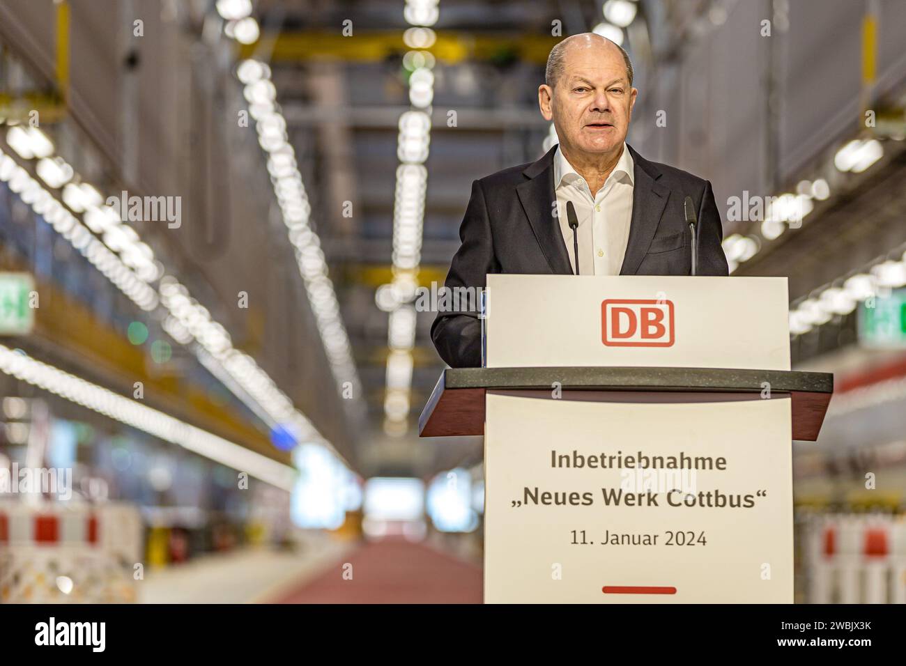 Cottbus, Germania. 11 gennaio 2024. Il Cancelliere federale Olaf Scholz ...