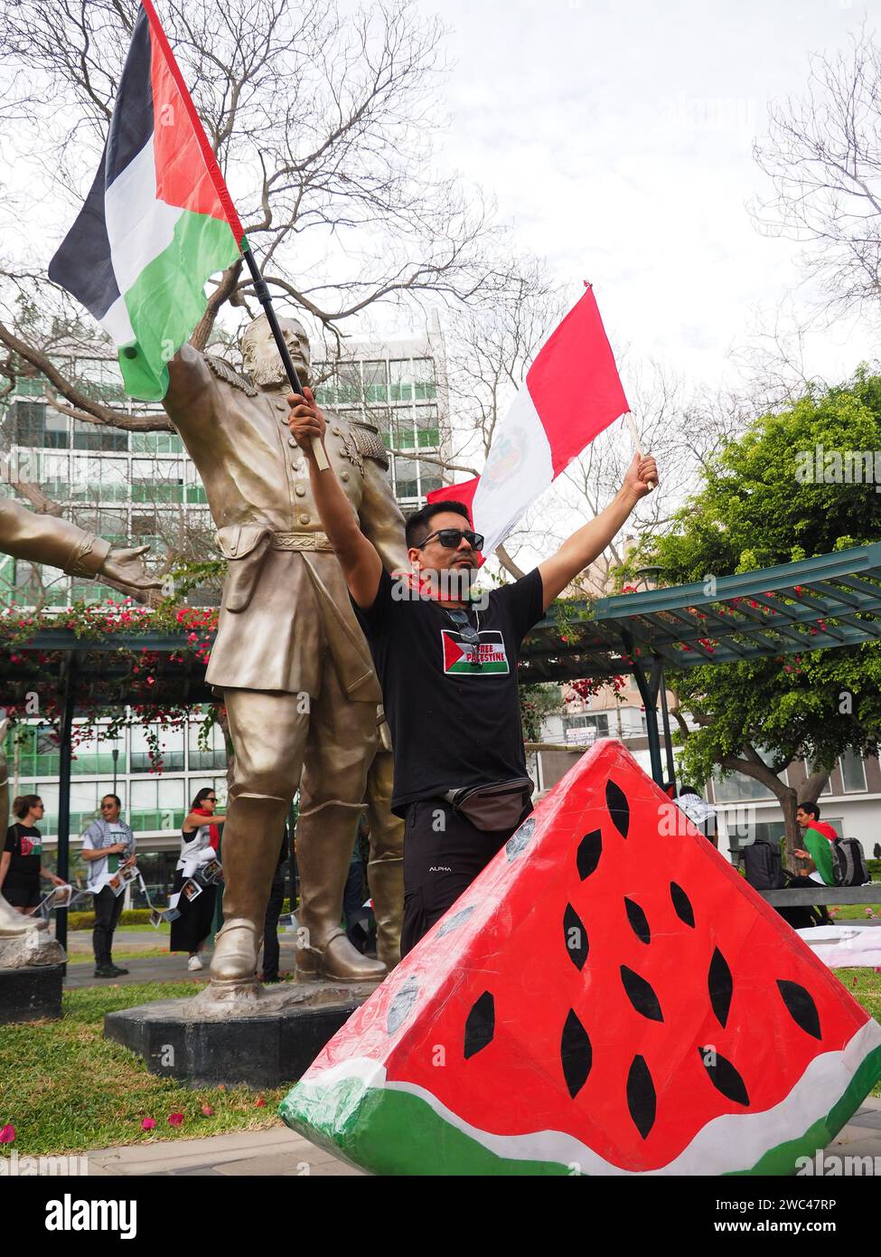 Lima, Perù. 13 gennaio 2024. Un uomo che sventola le bandiere della ...