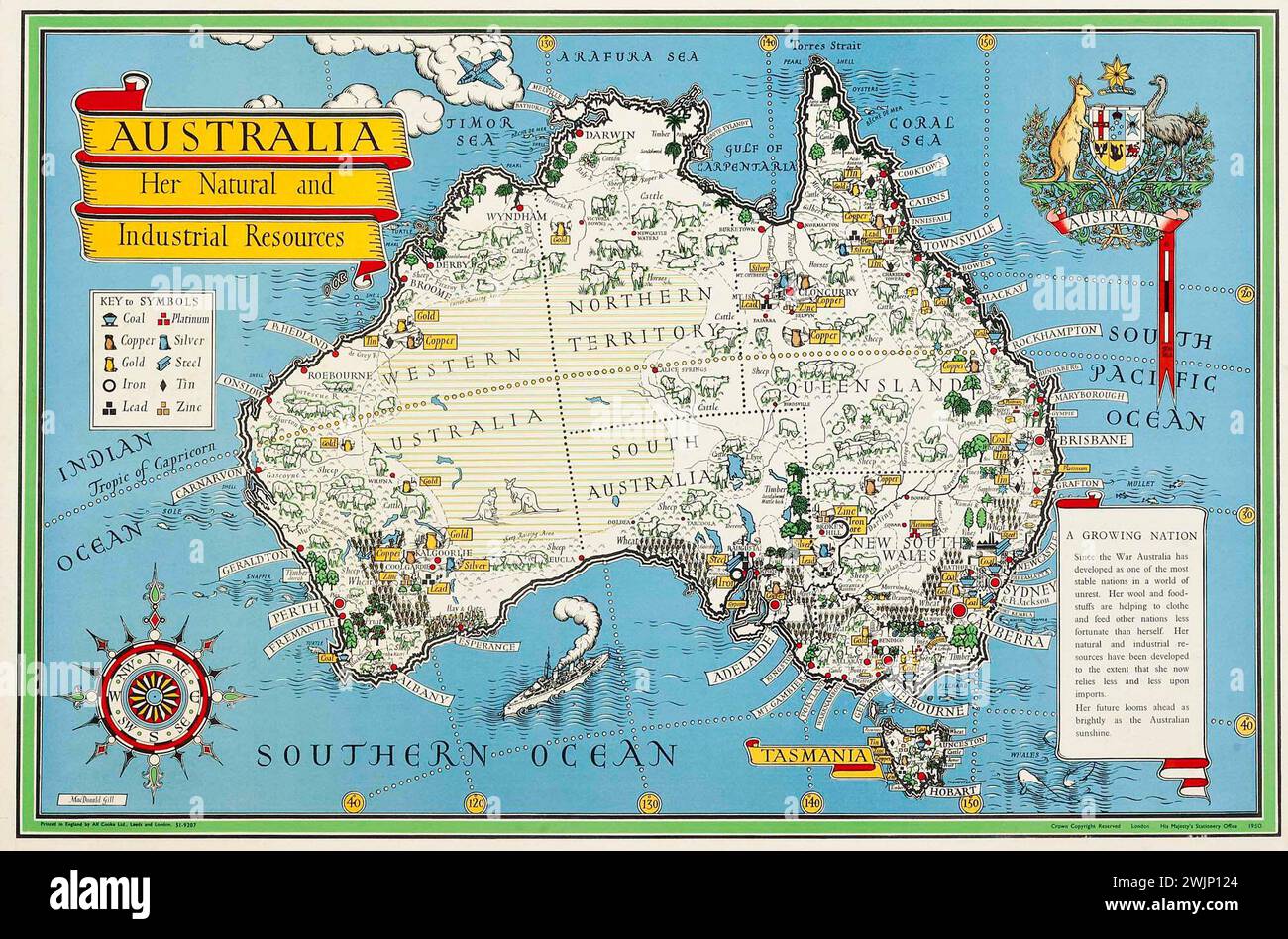 Mappa illustrata dell'Australia, che mostra le sue risorse naturali e ...