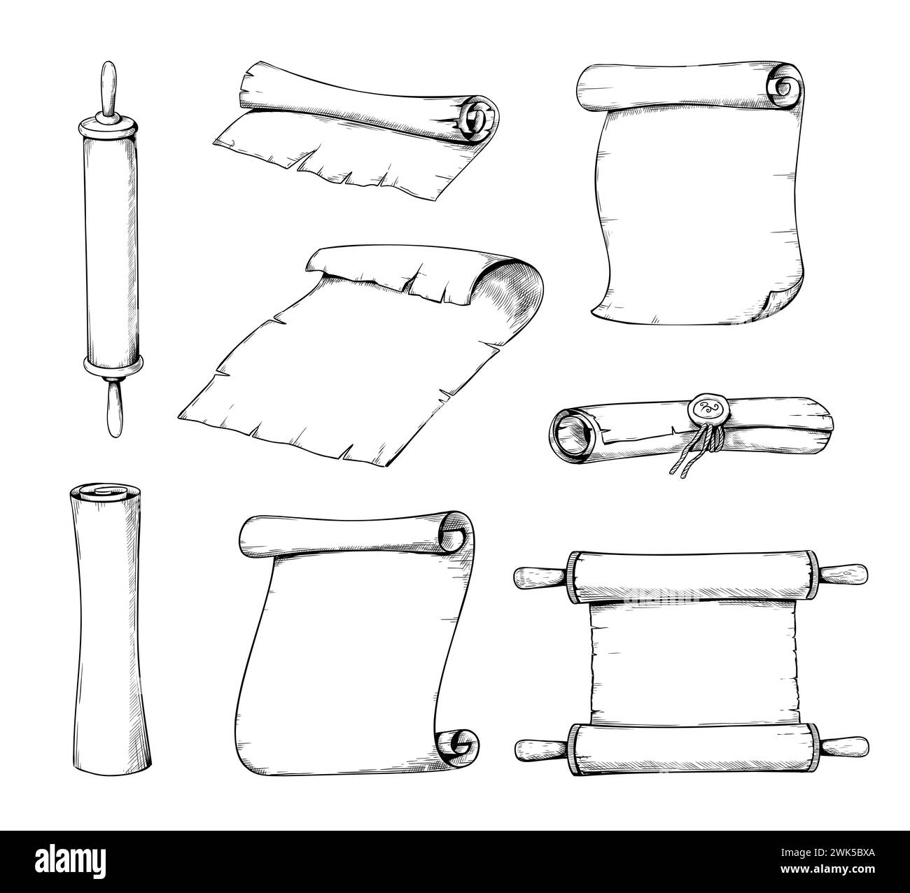 Libri antichi. Disegno dello schizzo a scorrimento pergamena. Vecchi ...