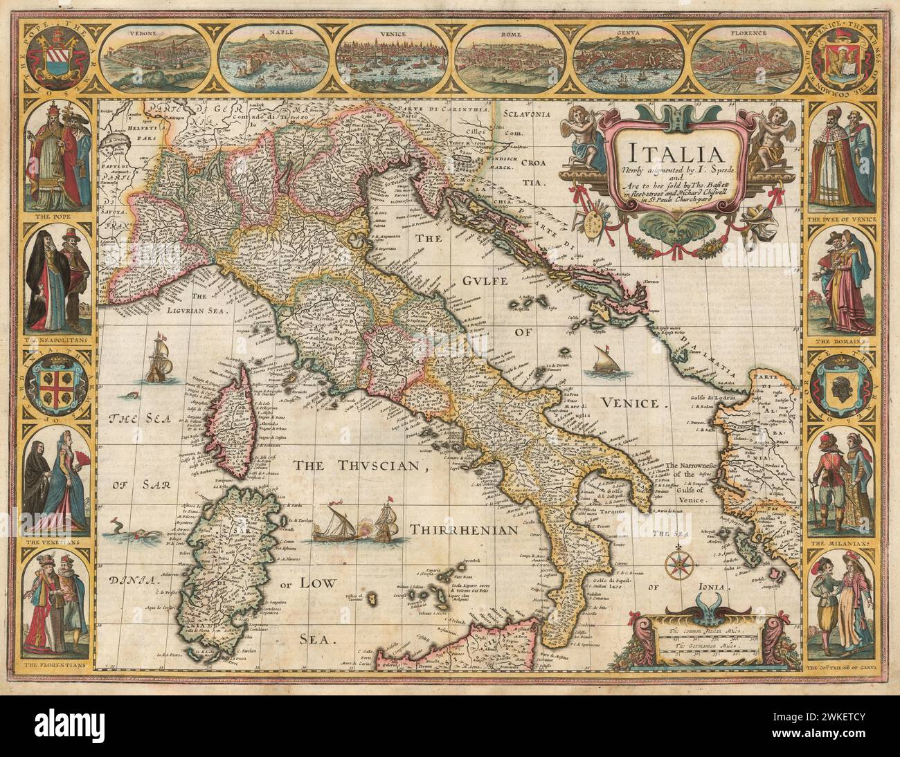 Mappa illustrata d'Italia d'epoca, dall'edizione 1676 del suo Prospect ...