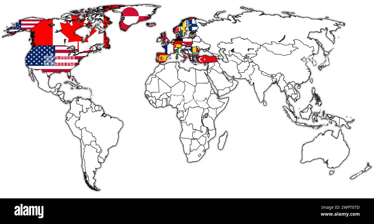 Territorio della NATO sulla mappa mondiale nel 2024 con bandiere ...