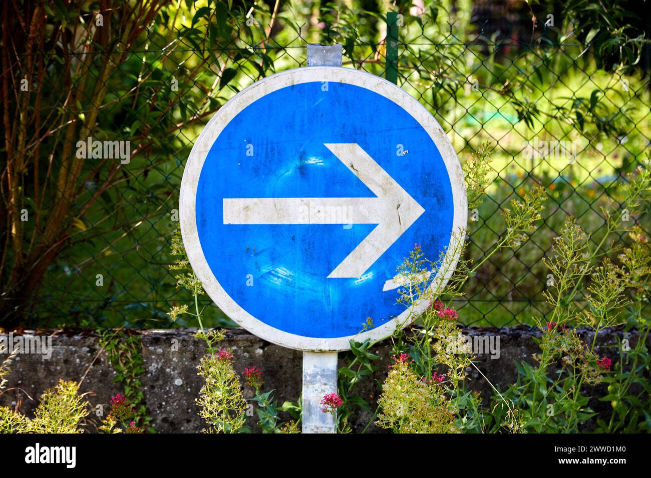 Cartello blu circolare con freccia bianca immagini e fotografie stock ...