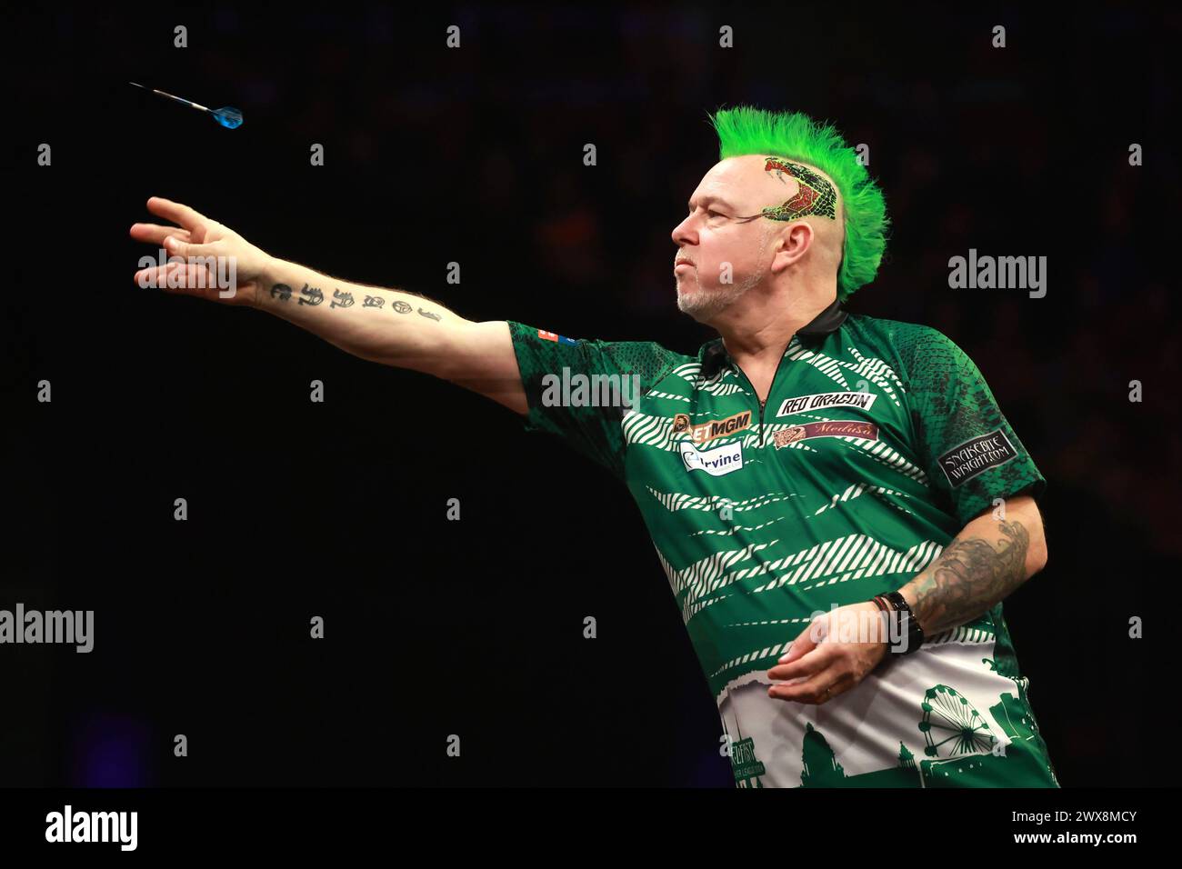 Peter Wright nei quarti di finale contro Rob Cross durante la nona ...