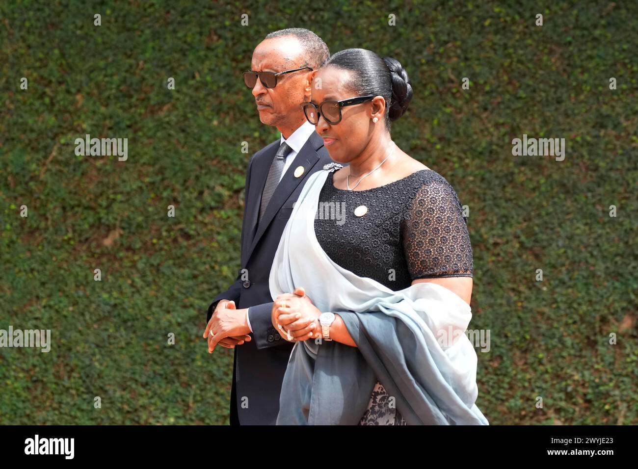 Rwandan President Paul Kagame, left, and his wife, first lady Jeannette Kagame arrive for a ...