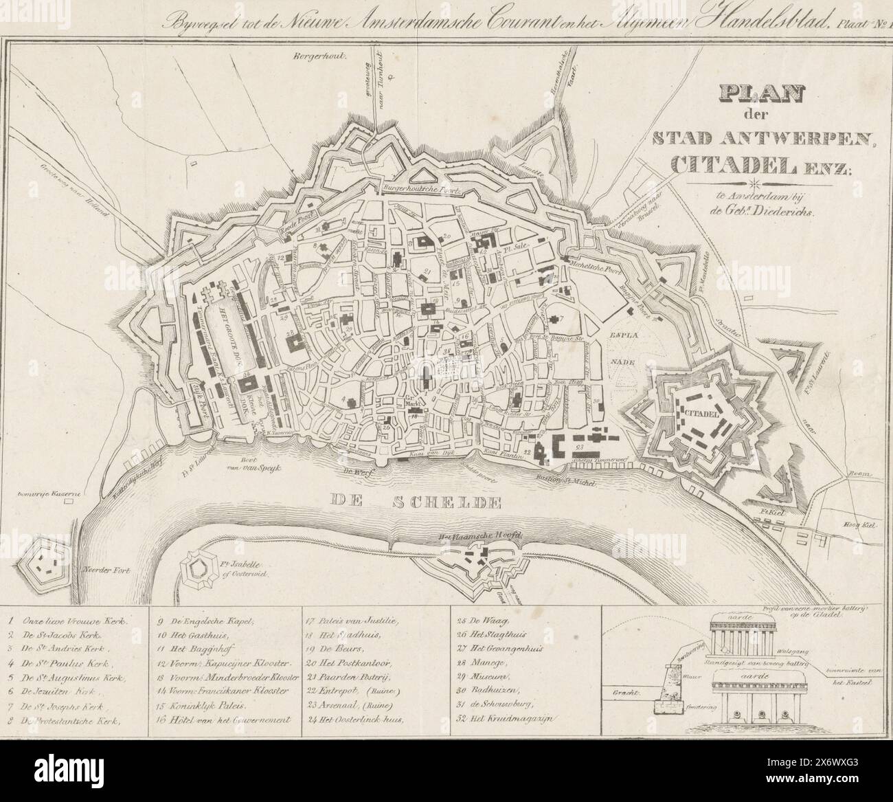 Mappa di Anversa e della Cittadella, 1832, piano della città di Anversa ...