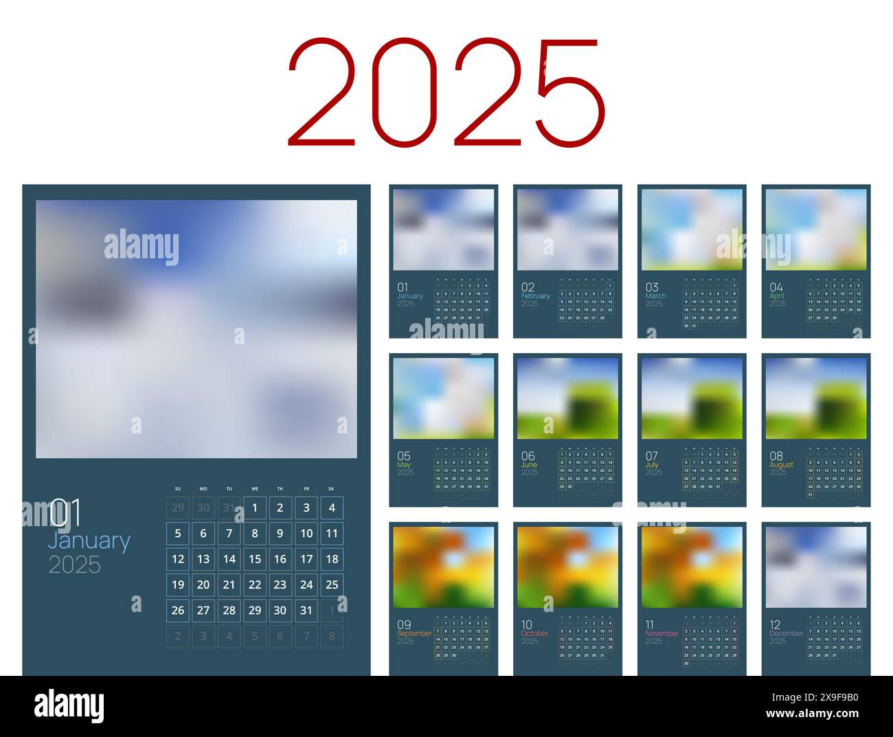 Calendario per il 2025. Modello di stampa 2025 con posizionamento per ...