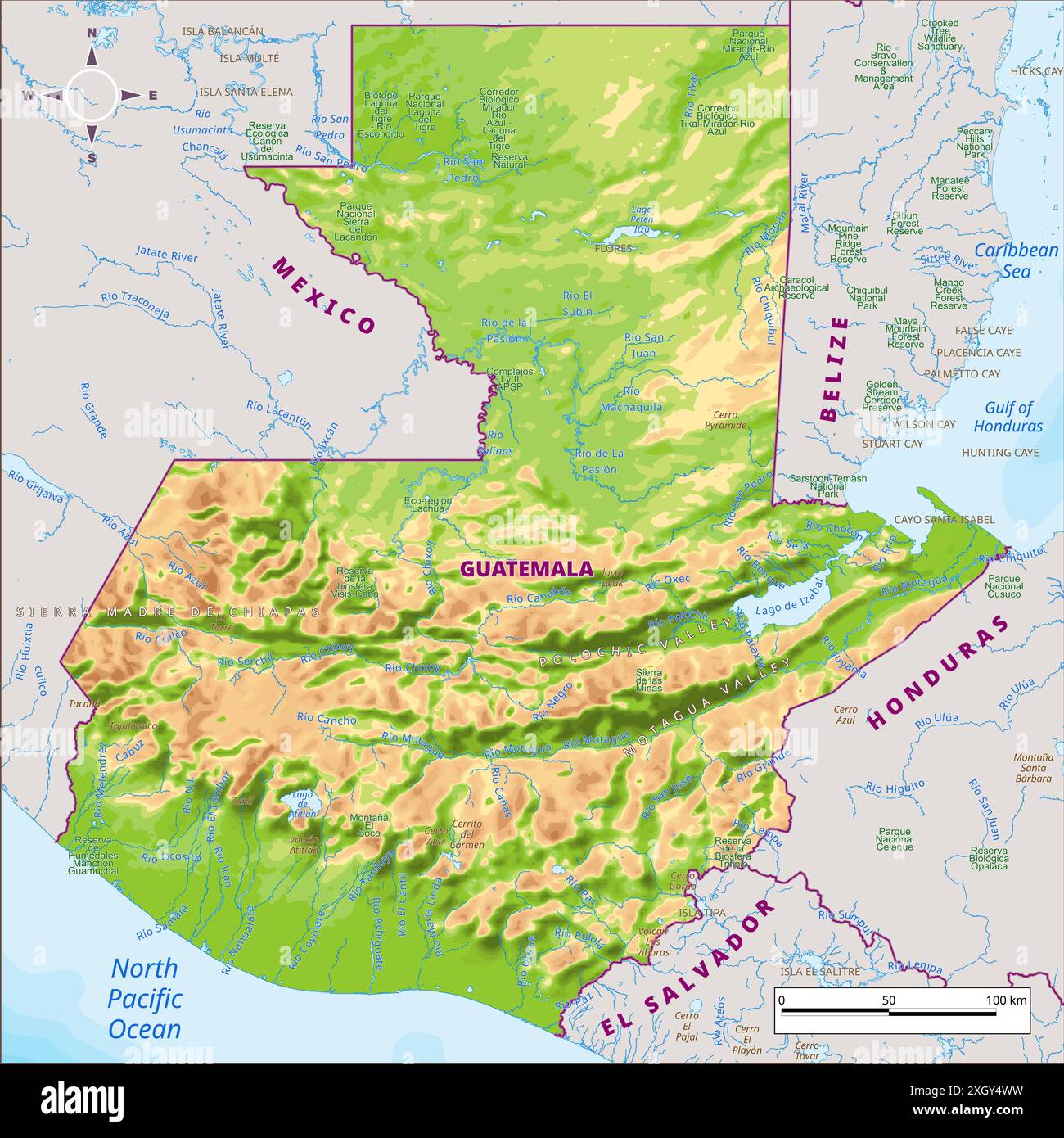 Mappa fisica del Guatemala con confini nazionali, fiumi e laghi ...