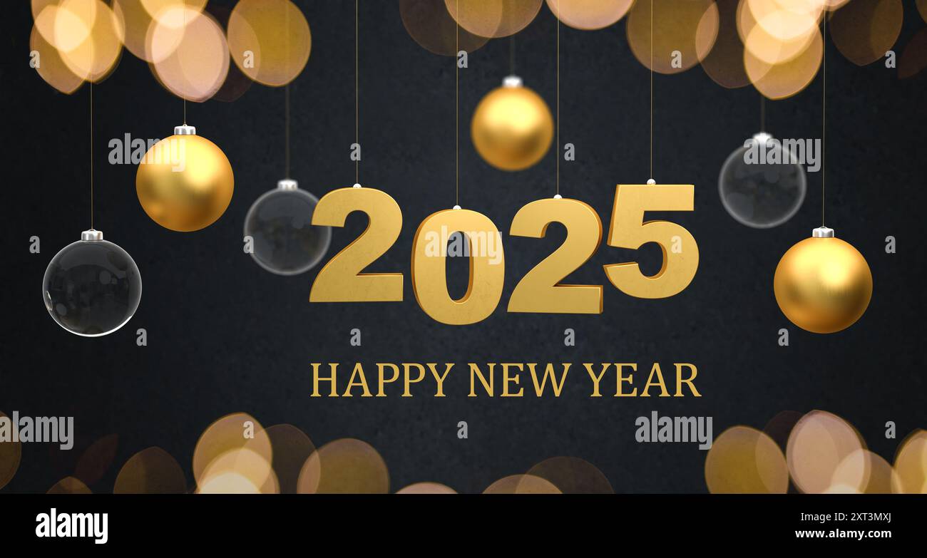 Felice anno nuovo 2025 - i numeri d'oro 2025 appesi a corde circondati da baule natalizie in ...