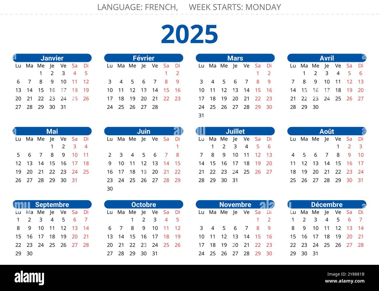 calendario francese 2025. Semplice illustrazione vettoriale stampabile ...