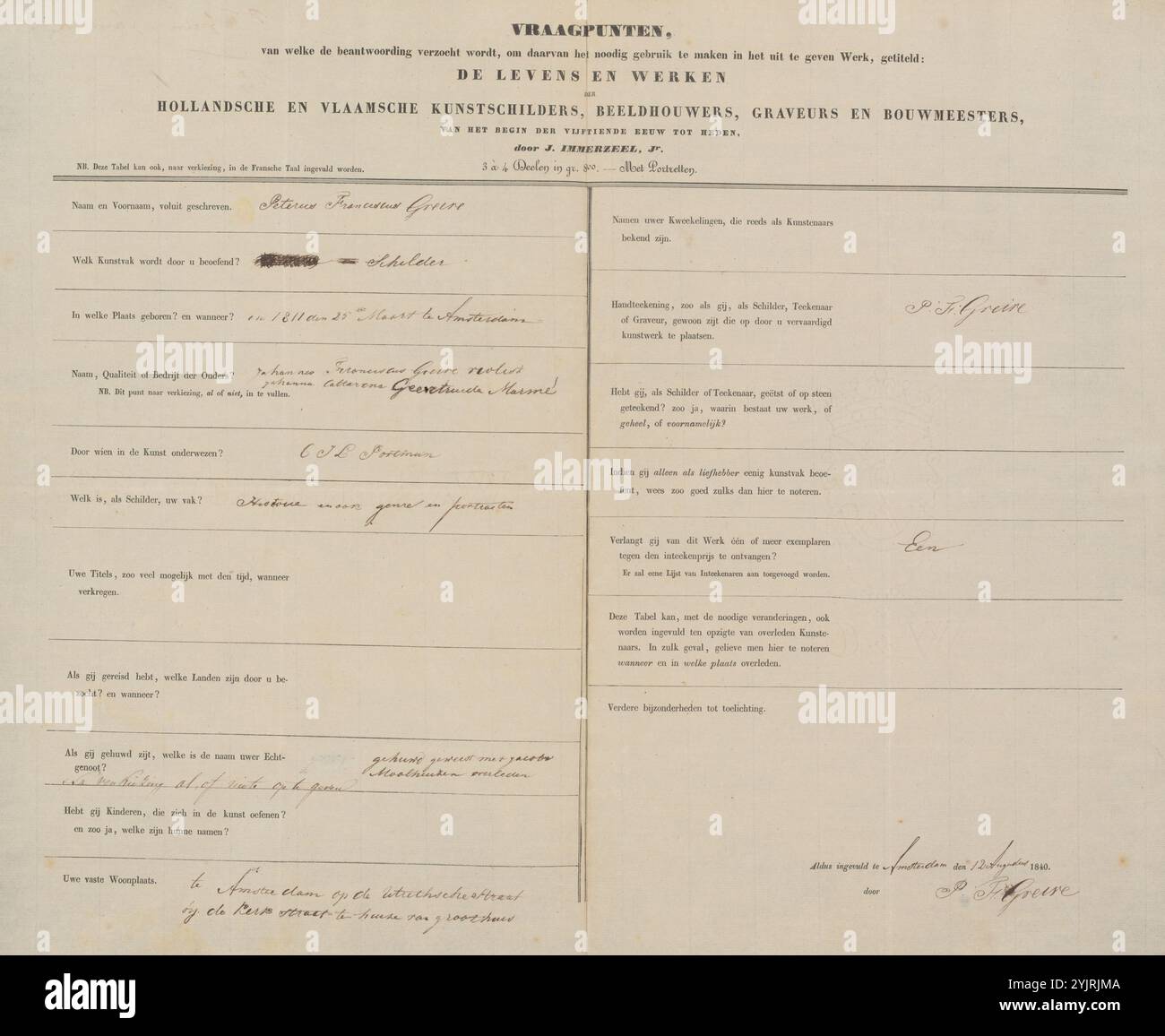 Modulo di indagine compilato da Petrus Franciscus Greive, modulo di ...