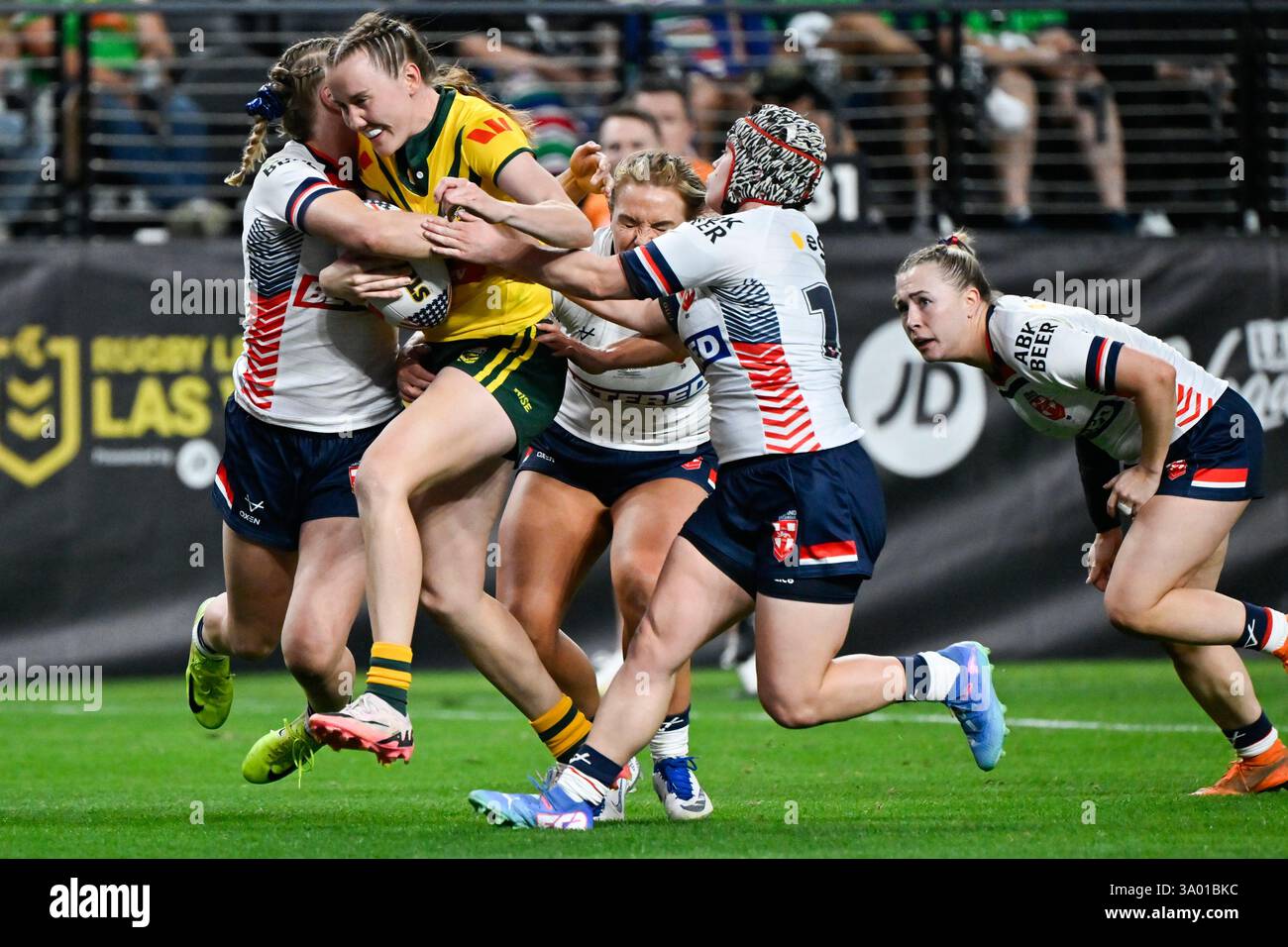 Australian Jillaroo Tamika Upton runs through the defence to score a try during the rugby league ...