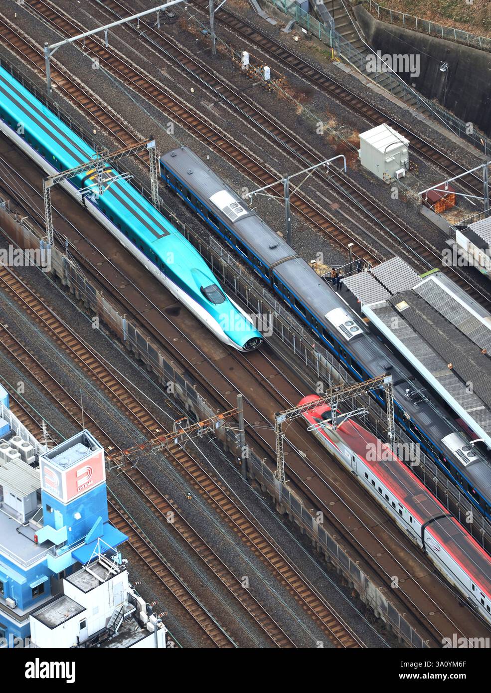 An aerial photo shows the uncoupled Tohoku Shinkansen (bullet train) which its connecting part ...