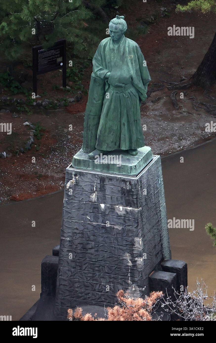 An aerial photo shows a statue of Sakamoto Ryoma at Katsurahama of Urado Bay in Kochi City ...