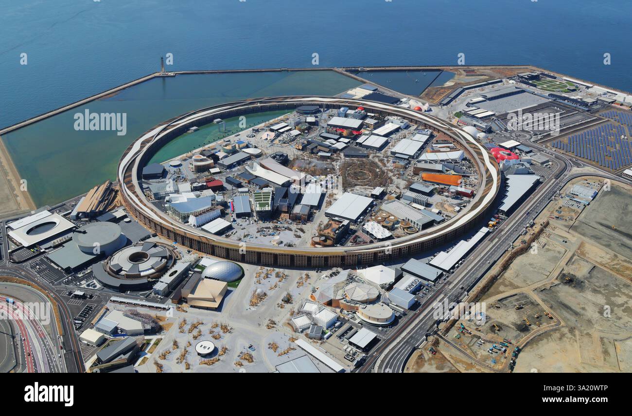 An aerial photo shows Yumeshima, the venue for Expo 2025 Osaka, Kansai ...