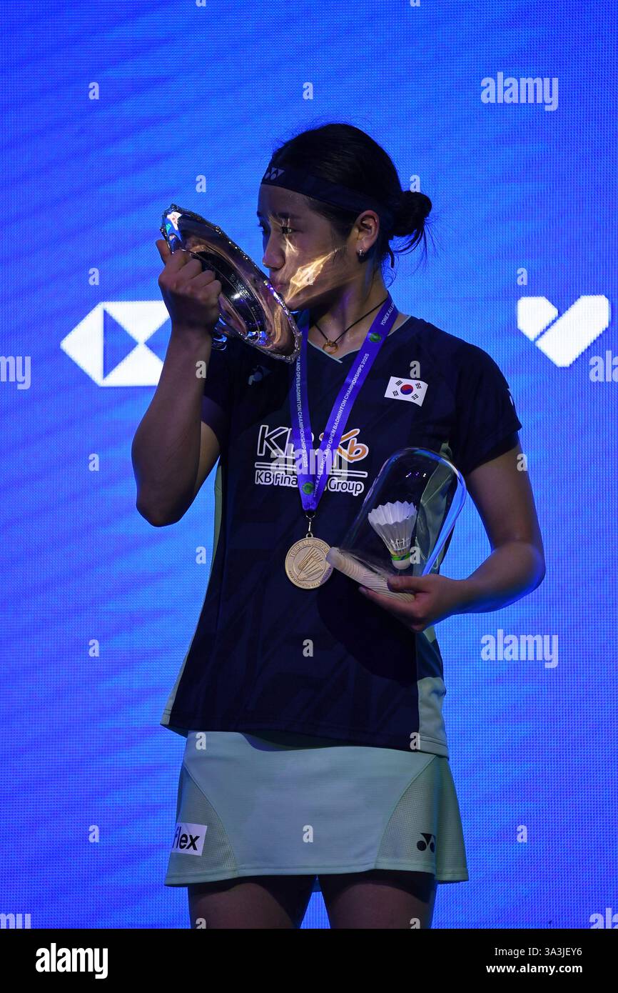 South Korea's Young An Se poses on the podium after defeating China's Wang Zhi Yi in the women's ...
