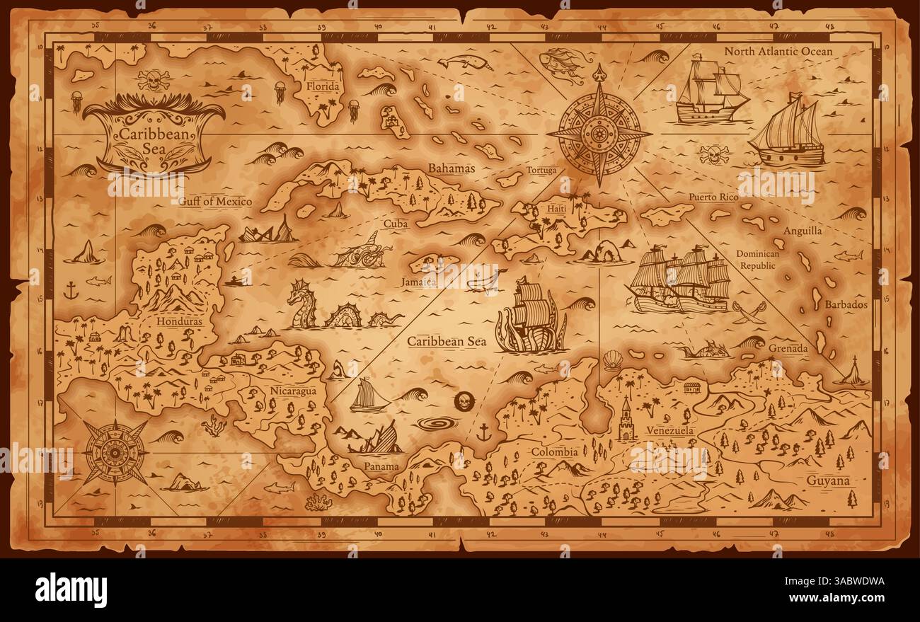 Antica mappa d'epoca del Mar dei Caraibi con isole e navi, pergamena ...