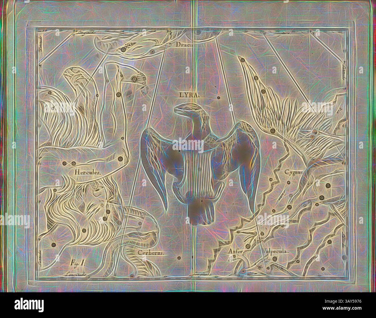 Una mappa celeste che evidenzia costellazioni tra cui Lyra e figure ...