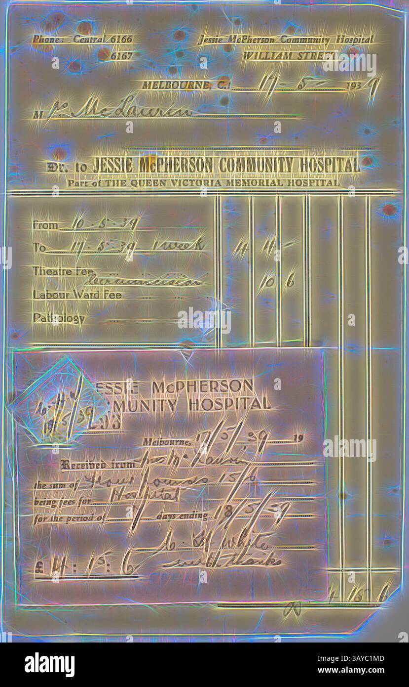 Una ricevuta ospedaliera d'epoca che descrive i servizi resi al Jessie ...