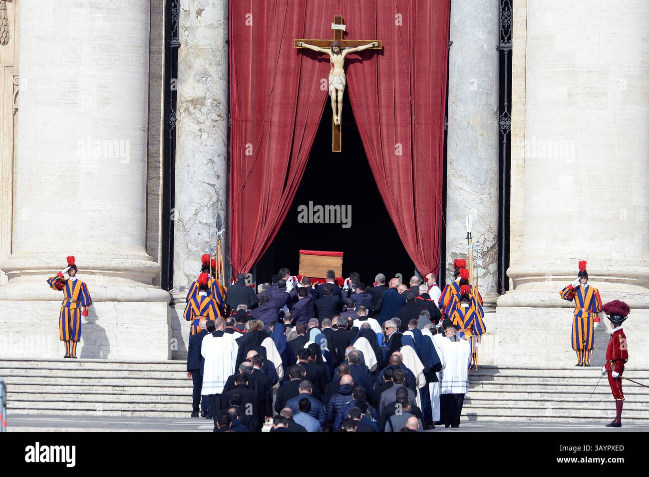 Arrival of the coffin of Pope Francis I at St. Peter's Basilica, April 23, 2025, in Vatican City ...