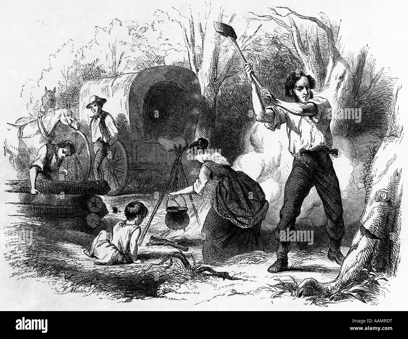 1800s DISEGNO DI FRONTIERA COLONI PIONEER UOMO CON AX CHOPPING donna ...