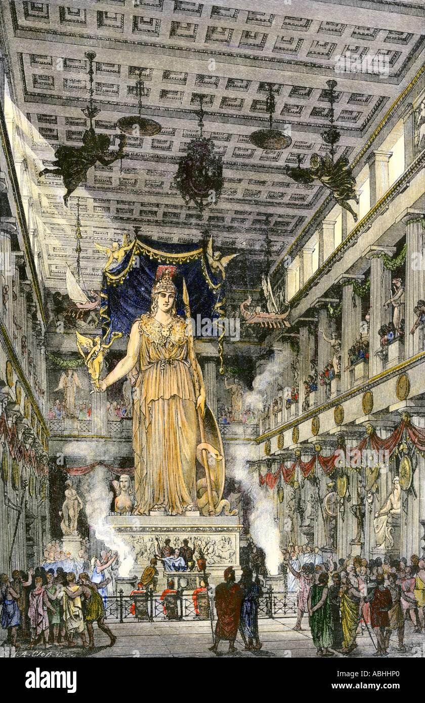Statua di Athena all'interno del Partenone di Atene antica. Colorate a ...