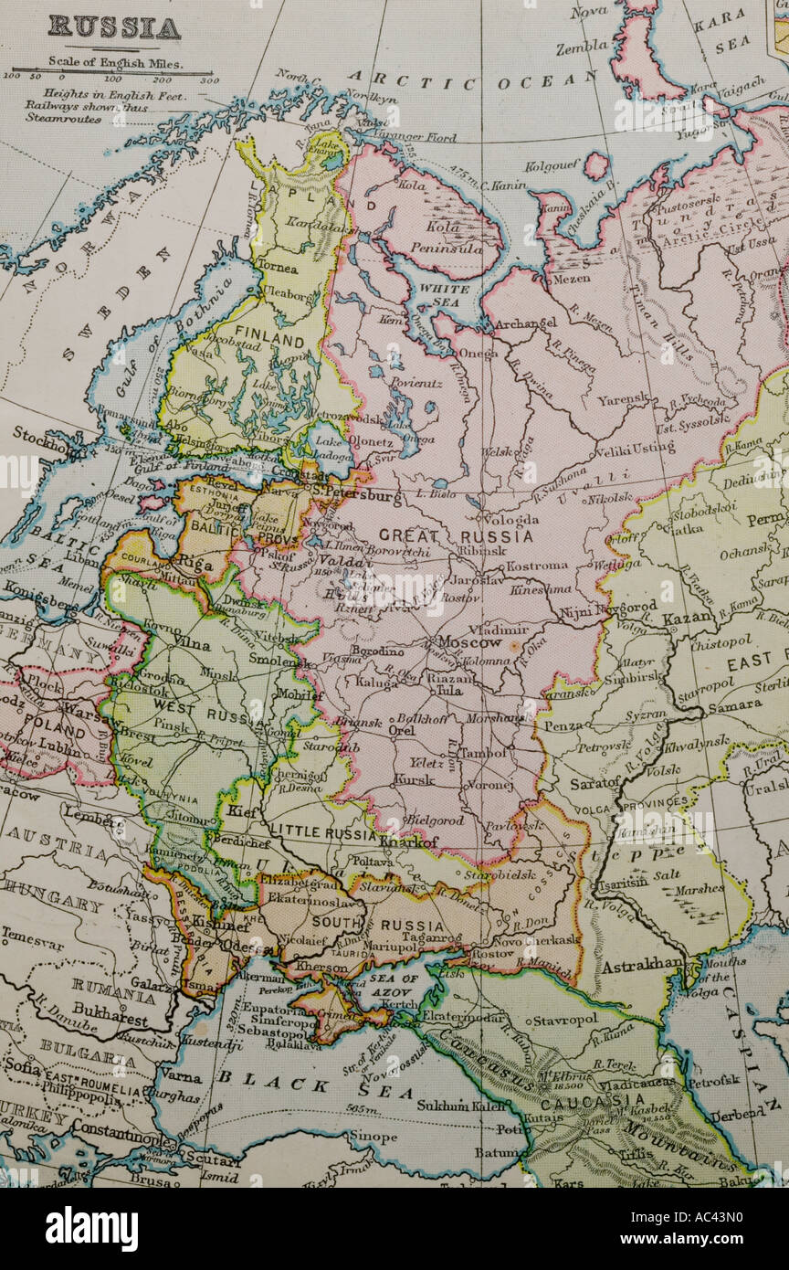 100 anni di vecchio mappa di ovest della Russia che mostra vecchi ...
