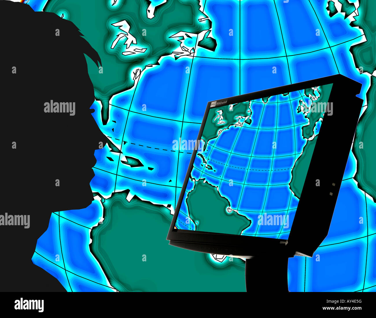 Studente di mappa globale sul monitor del computer con mappa globale in ...
