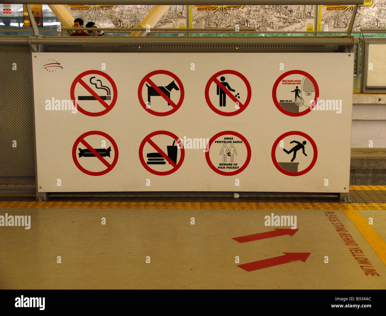 Simboli e simboli di divieto urbani in una stazione della metropolitana ...