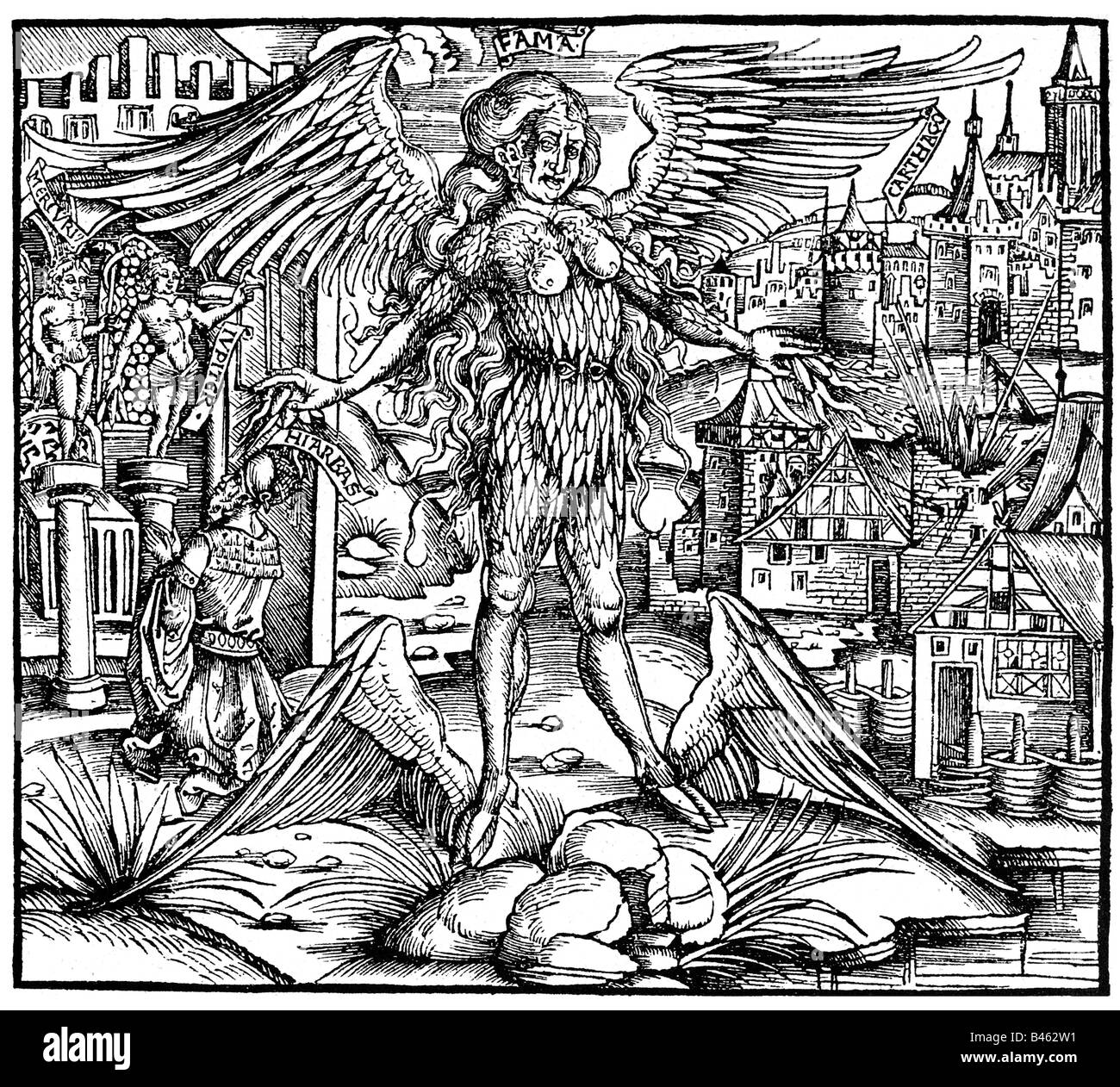 Allegorie, "Rumor" (Fama), woodcut, edizione di "Eneid" di Virgil, Hans ...