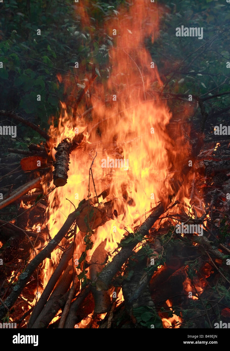 La legna brucia in grande fuoco su foglie sfondi Foto stock - Alamy