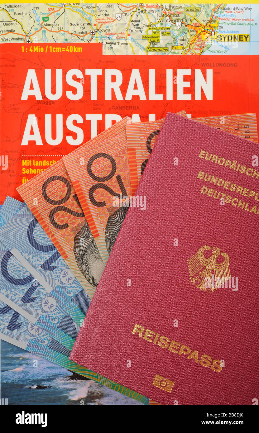 Passaporto tedesco con un chip biometrico, ePass, mappa di Australia ...