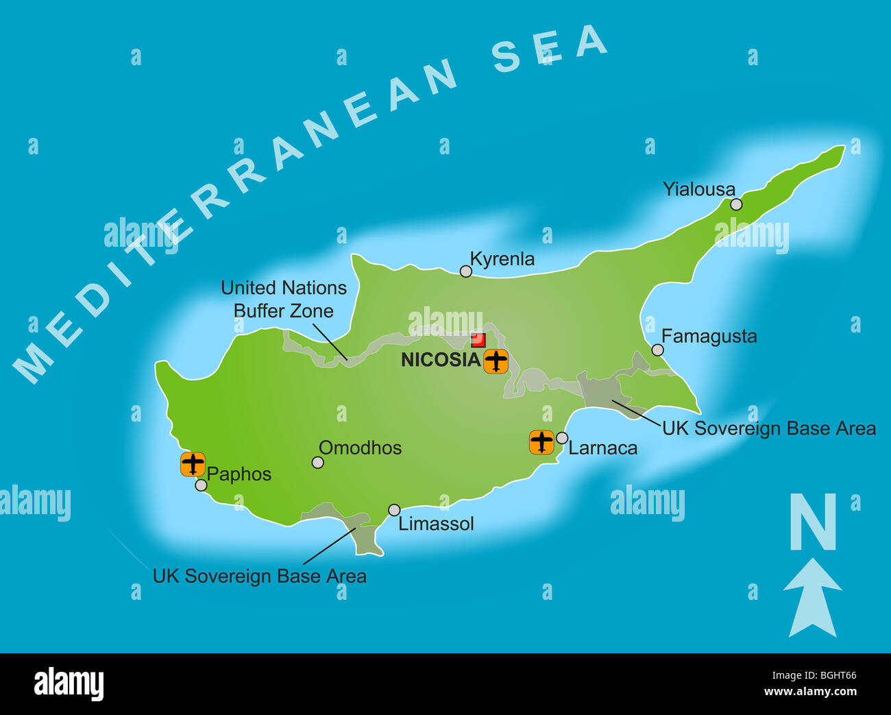 Una mappa stilizzata di Cipro che mostra diverse città, aeroporti, sia ...