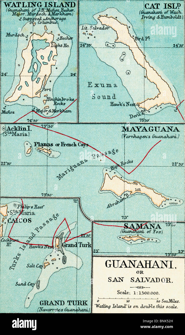 Mappa di Guanahani o San Salvador mostra Watling isola dove Cristoforo ...