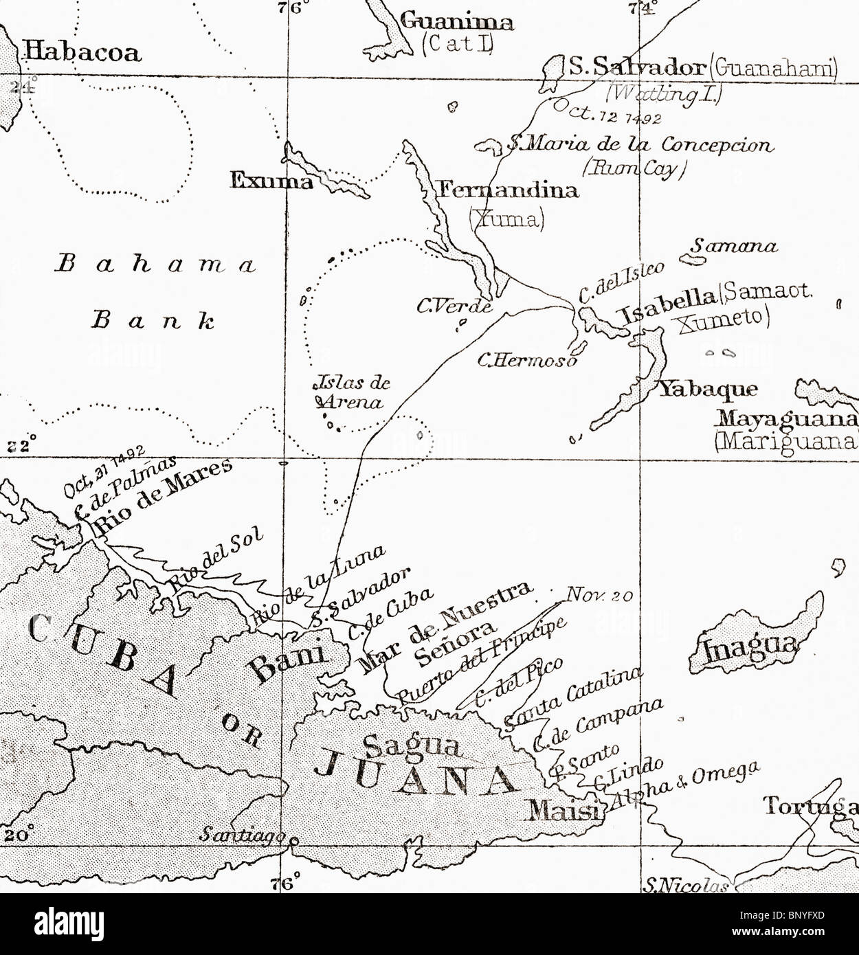 Mappa che mostra il corso di Cristoforo Colombo da Guanahani a Cuba nel ...