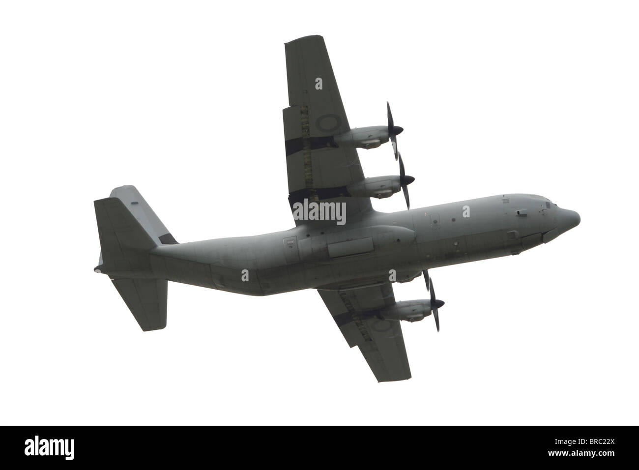 Militare grigio C-130 Hercules cargo aereo isolato su uno sfondo bianco ...