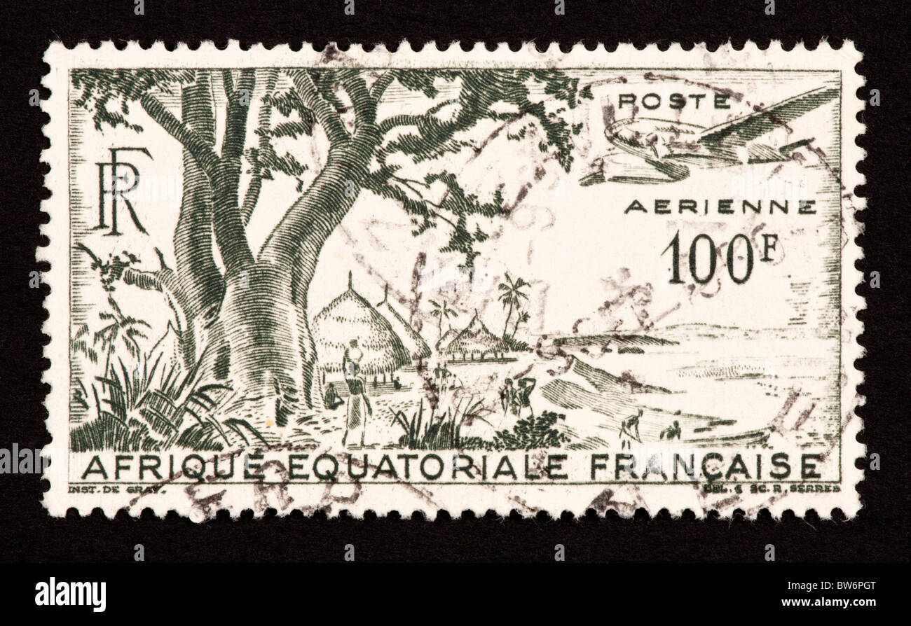 Francobollo da Africa Equatoriale Francese raffigurante un villaggio e ...