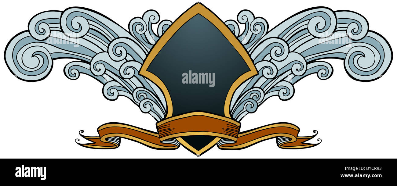 Disegnato a mano disegno artistico delle onde e le ali con il crest ...