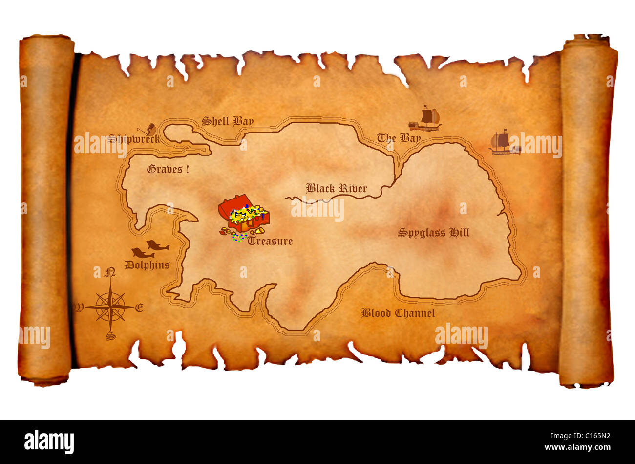 I pirati tesoro mappa su una vecchia pergamena Foto stock - Alamy