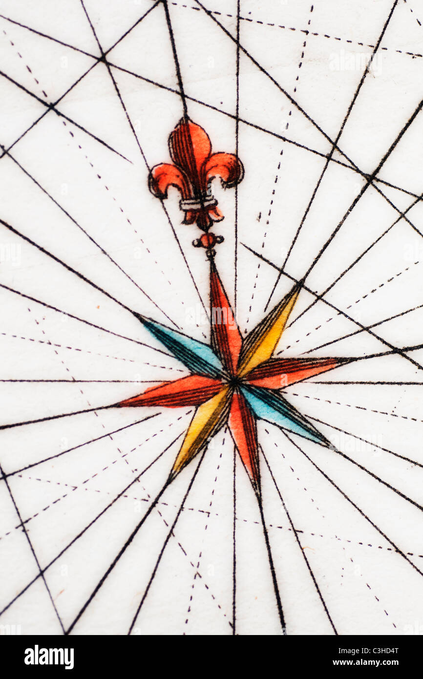 Close up di compass simbolo sulla mappa di antiquariato Foto stock - Alamy