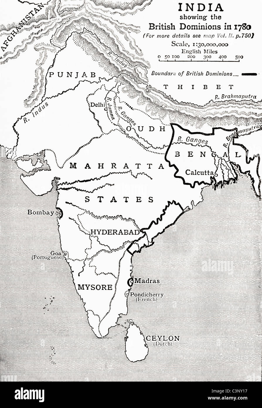Mappa di India mostrando i Domini britannici nel 1780. Dalla storia ...