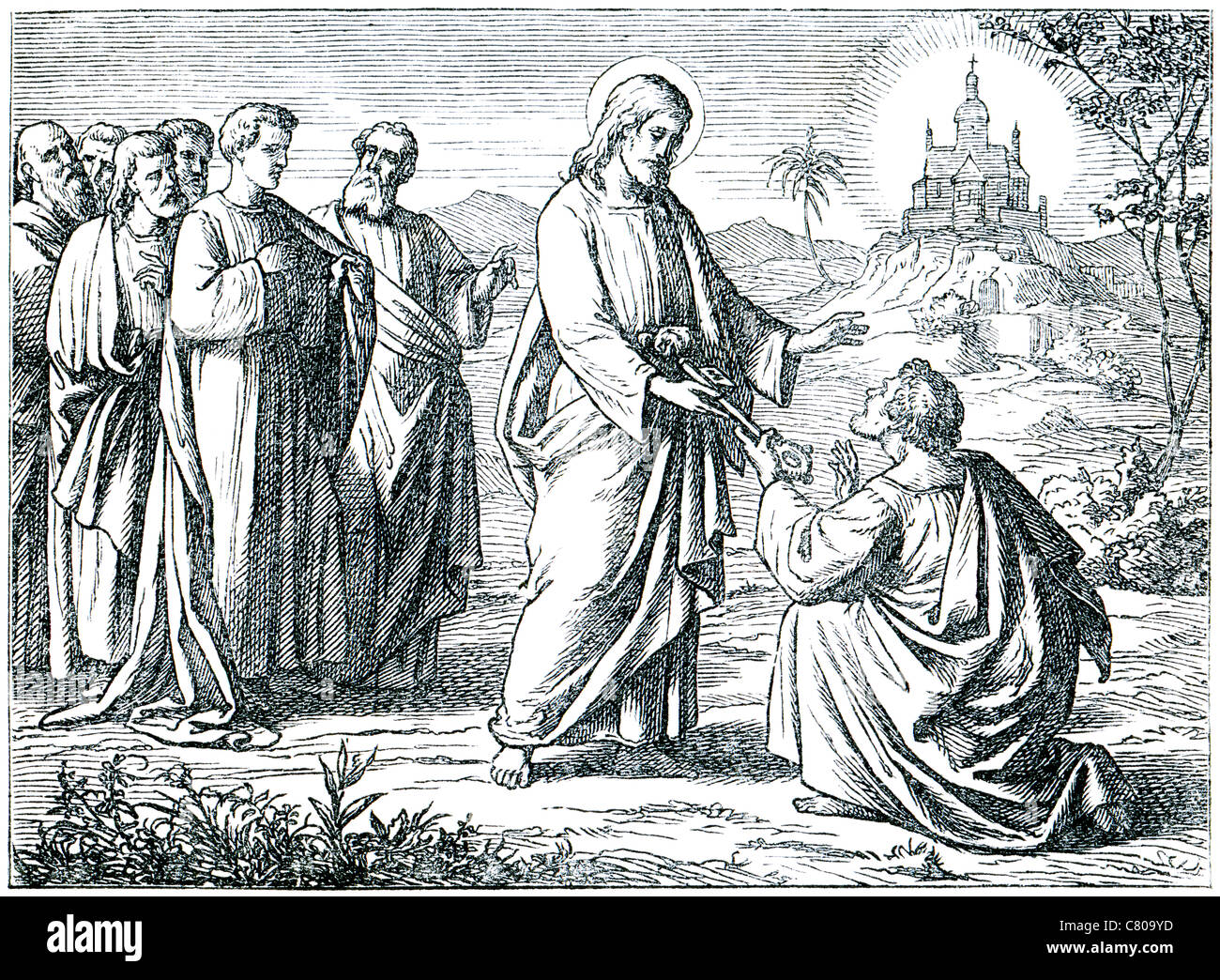 Incisione di antiquariato, "Cristo dando le chiavi del paradiso a San ...